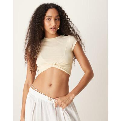 ASOS DESIGN 女士 上衣 设计前打结网纱短袖短款(almond)