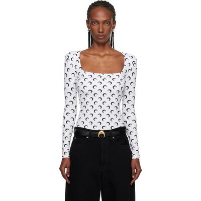 Marine Serre 女士 T恤 白色 Moon Printed Jersey LS Squareneck