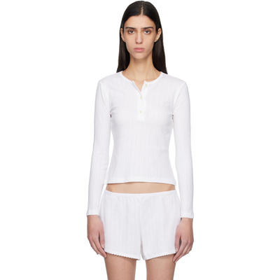 LESET 女士 T恤 白色 Pointelle Long Sleeve 亨利衫