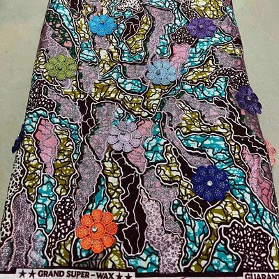 Glitter Africa Grand wax with 3D flowers手工花蜡布料花朵蜡染
