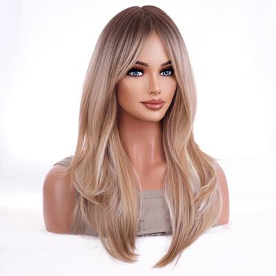 新款直销亚马逊外贸欧美假发wigs 金色挑染中分长卷发化纤假发女