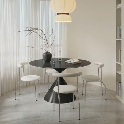 法色式油风岩板圆形桌纯白现BOK代简约圆桌餐奶小户型家用饭桌椅