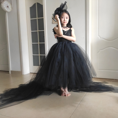 儿童拖尾礼服公主裙夏女童模特走秀洋气婚纱蓬蓬裙主持人钢琴表演