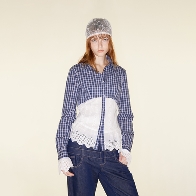 RURE格纹拼接长袖衬衣衬衫