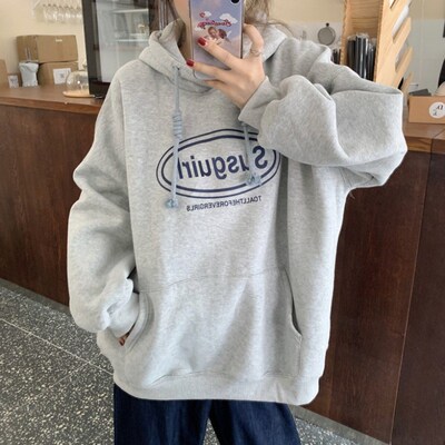 速发灰色卫i秋冬季加绒加厚款overs衣z松宽e连帽潮韩版大码外套