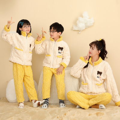 亲子睡衣母女子珊瑚绒一家三口冬季加厚法兰绒男女儿童拉链家居服