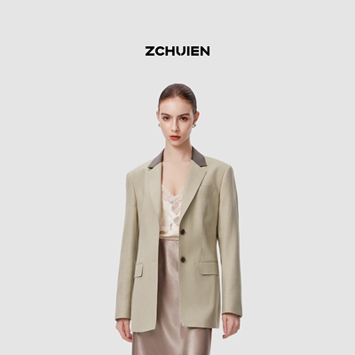 ZCHUIEN西装货号长袖简约女款茶棕轻奢风高端外套商务休闲拼色