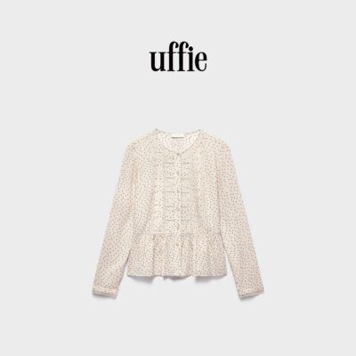 uffie于绘 珍珠 桑蚕丝奶茶波点长袖衬衫