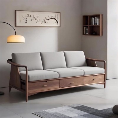 宋氏美学实木沙发胡桃木三人位小户型客厅直排储物沙发Y2025新款