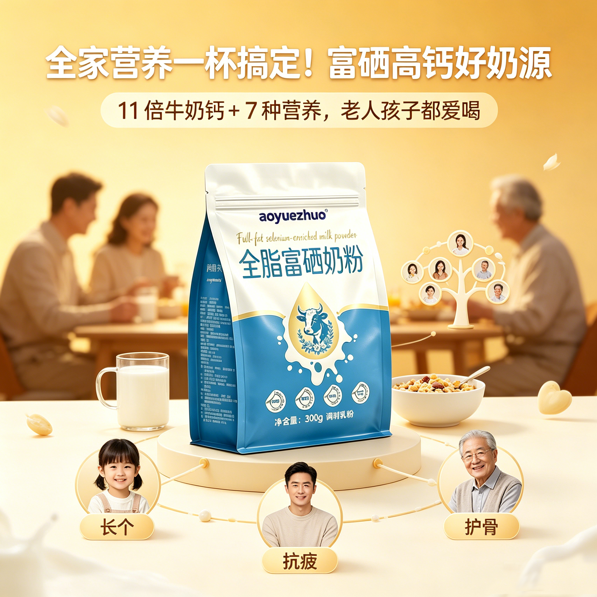 全脂富硒0蔗糖奶粉高钙牛奶7种营养全家老少营养品300g袋装正品