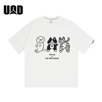 UOD男女装情侣针织可爱贴布绣小猫卡通短袖纯棉修身夏日正肩t恤