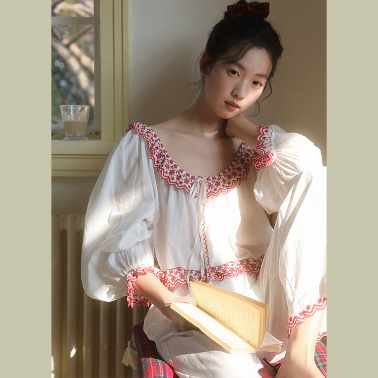 100%棉 法式复古红蕾丝花边甜美家居服套装 公主仙女可爱睡衣春夏