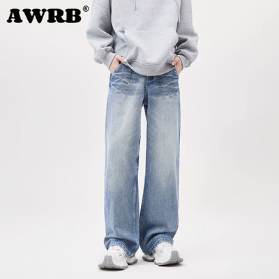 AWRB美式复古水洗闪电纹做旧牛仔裤男宽松直筒阔腿拖地长裤子