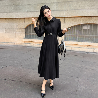 小个子黑色衬衫式毛织连衣裙女