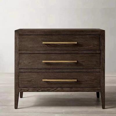 RH美式橡木床头柜法式实木复古卧室三抽屉式床边柜工厂直供出口