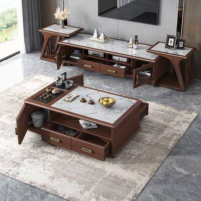 新中式胡XJI桃木组厅全实岩板茶几岩板电视柜客现代木简约合