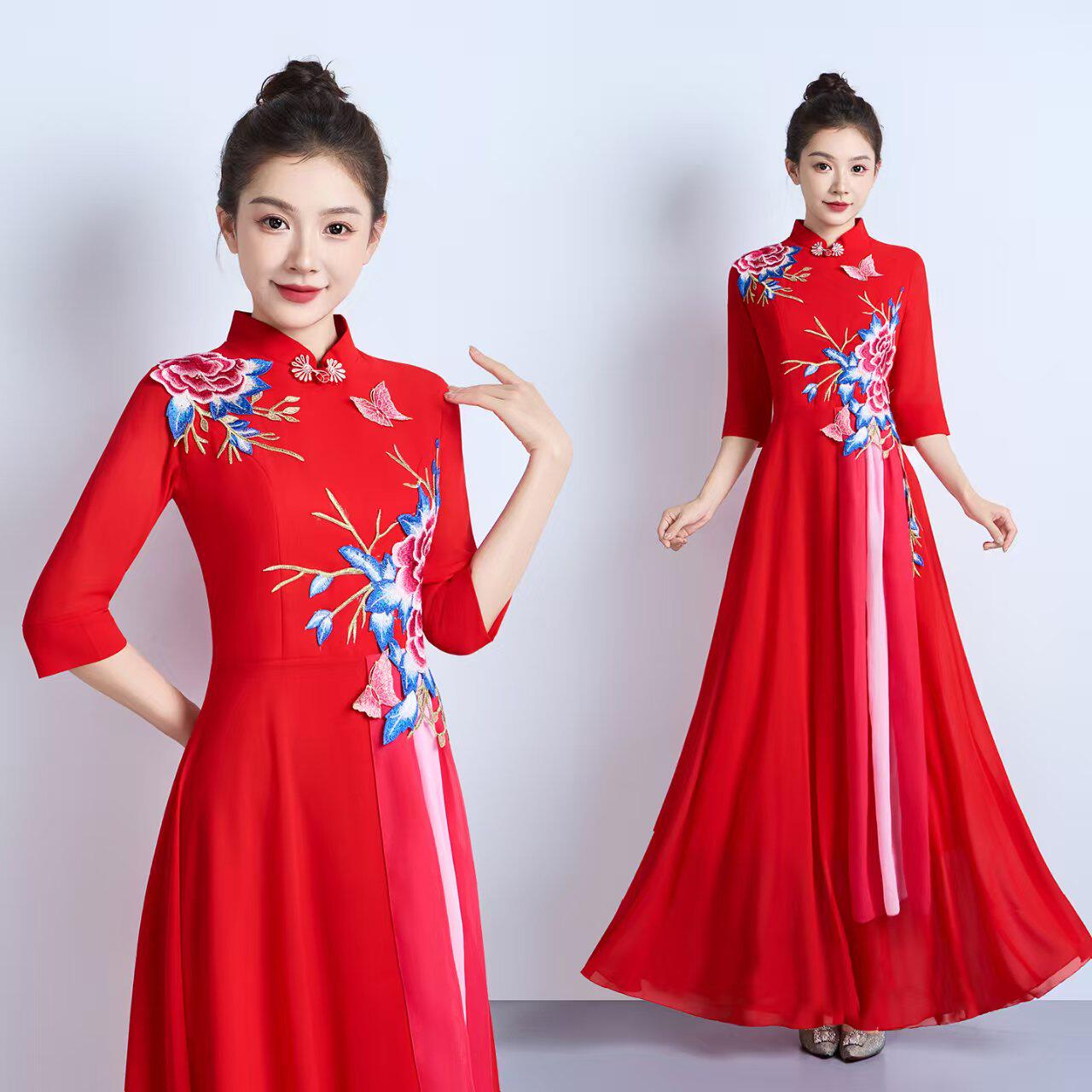 新款大合唱演出服女长裙中老年合唱团舞台装长款修身主持朗诵独唱