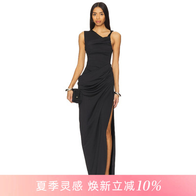 [夏季新品]REVOLVE黑色连衣裙不对称斜领高开叉简约风长裙