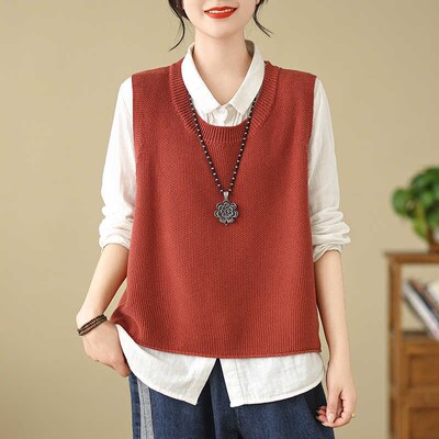 2024春秋装棉线马夹时尚减龄百搭针织衫上衣马甲套头女装25338