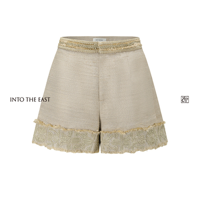 Into The East己印柞蚕丝贴布毛边短裤