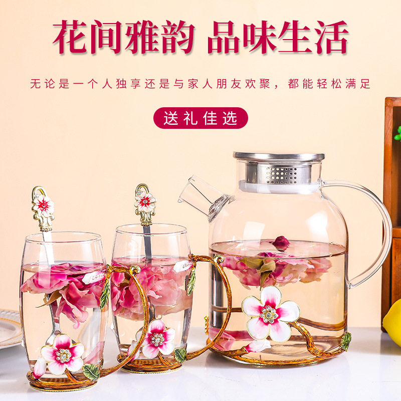珐琅彩花茶杯家用玻璃水杯圆形女咖啡杯早餐牛奶果汁杯礼品套装