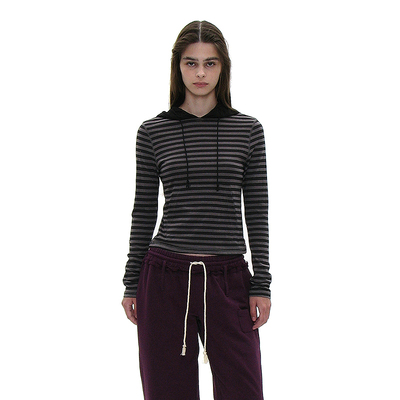 口袋连帽条纹抽绳修身长袖T恤