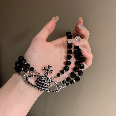 新品奇怪教母 新款满钻三层黑玛瑙土星项链女P复古个性短款锁骨链