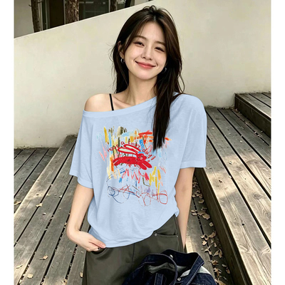 ZHAP斜肩短款涂鸦兔子T恤女