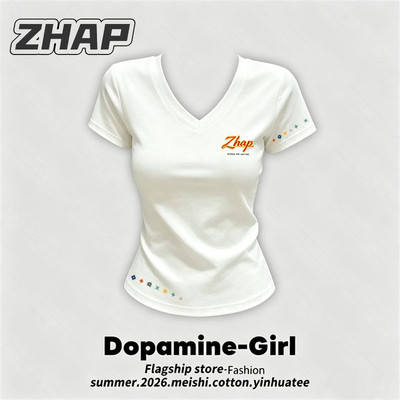 ZHAP港风V领短袖白色显瘦T恤女