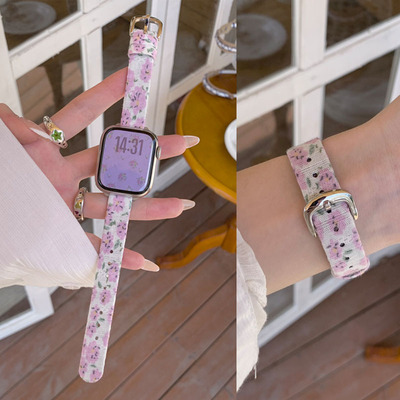 适用苹果iwatch S10手表S9表带S8小蛮腰布面拼真皮雏菊表带S76543女新款腕带SE透气Ultra2运动表带