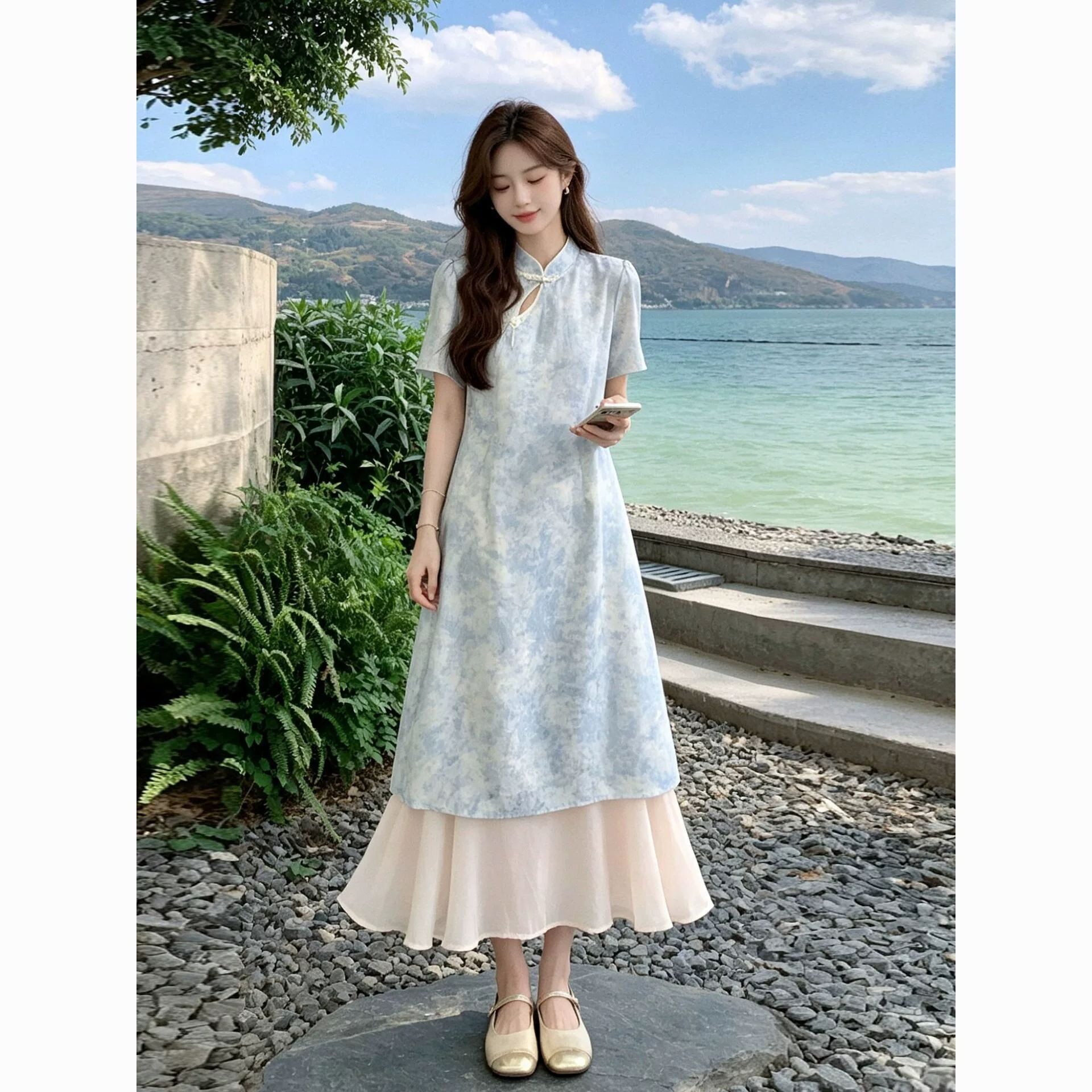 蓝色长裙气质连衣裙女夏季通勤新款新中式改良旗袍裙时尚2026拼接