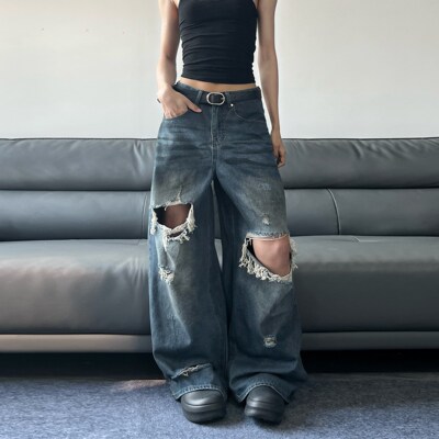 小何同款美式复古做旧破洞裤