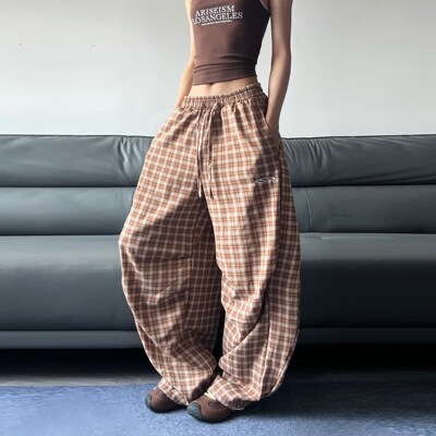 美式复古弯刀蓝格子休闲裤