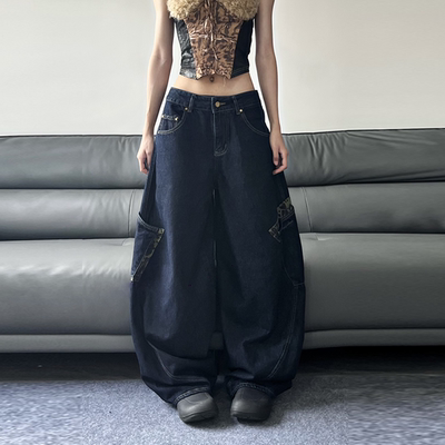 美式复古豹纹拼接弯刀裤