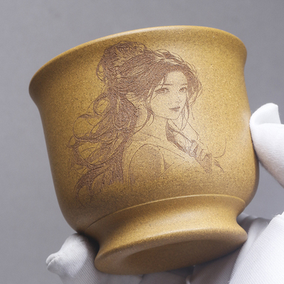 宜兴紫砂杯复古雕刻美女茶杯