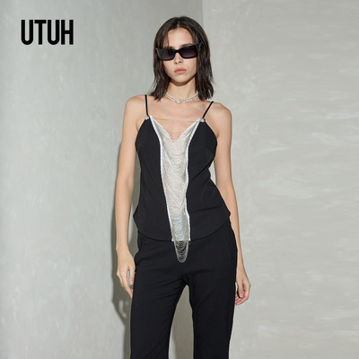 黑色重工流苏V领修身吊带