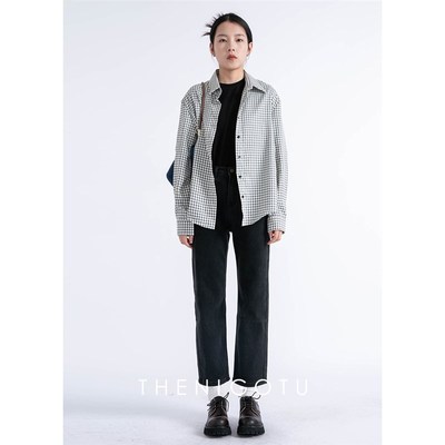 DOROTHY丨小众黑白格衬衫女春秋2023新款宽松休闲百搭设计款衬衣
