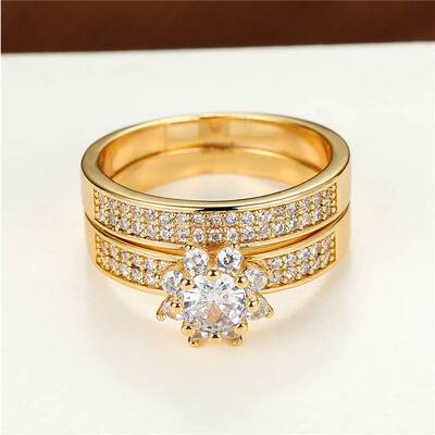 极速Charm Gold Coloor Engagement Ring Sets Shining White Zir