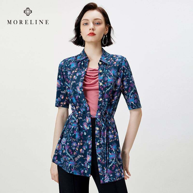 MORELINE沐兰轻奢优雅印花衬衫女气质系带五分袖衬衣