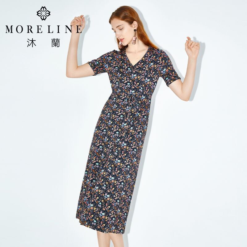 MORELINE商场同款优雅浪漫星空印花高端洋气连衣裙中长款