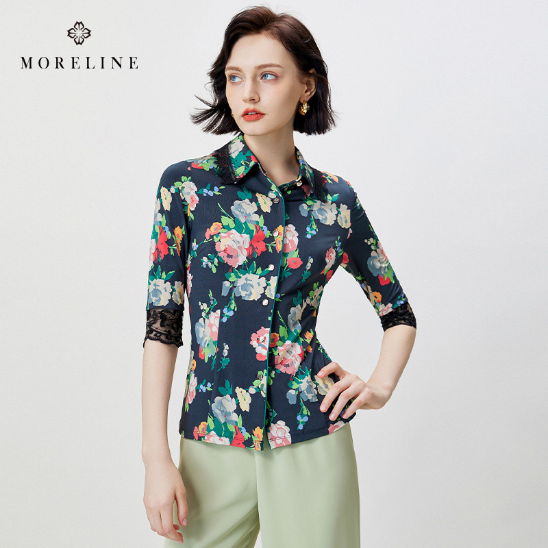 MORELINE沐兰轻奢优雅满印花衬衫女修身显瘦七分袖衬衣