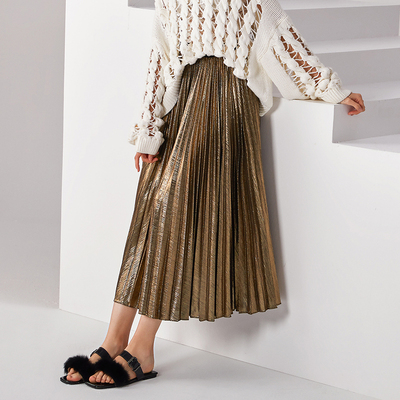 JJparty秋冬高腰中长款金属垂感百褶裙半身裙女金色拉丝百折长裙