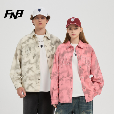 fnb牛仔衬衫美式外套男女春款翻领贴布绣夹克青年宽松圆底摆上衣