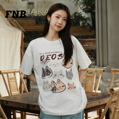 FNB夏季灰色猫咪印花女短袖T恤