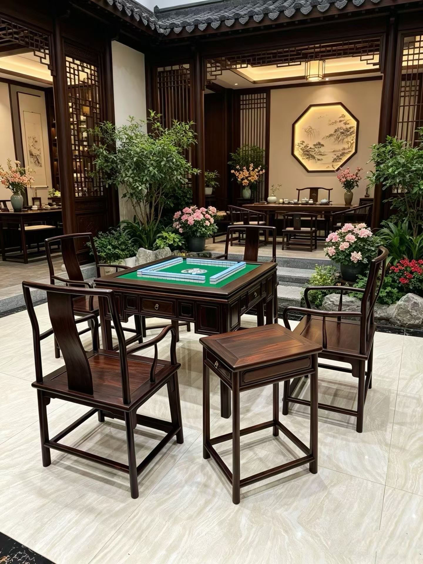 大红酸枝交趾黄檀全自动休闲麻将桌七件套打牌桌餐桌清式明式家具