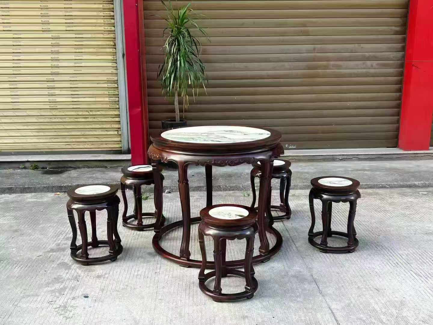 大红酸枝五足三弯腿休闲桌圆桌独板交趾黄檀云石面无补红木家具