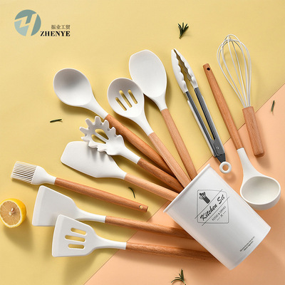 厂家直销 木柄硅胶厨具11件套烹饪厨房工具Cooking Utensil Set