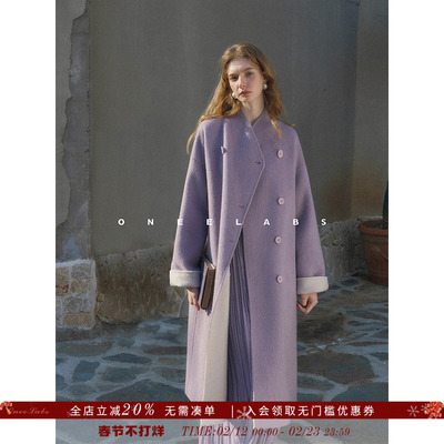 ONEELABS原创品牌 可两面穿 100%绵羊毛紫色长款双面呢毛呢大衣女