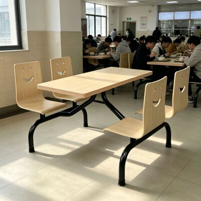 MGBML02013笑脸款四人连体餐桌椅原木纹面板+黑色钢架