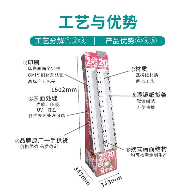 工厂直供镜16付眼纸展示架落式纸货架墨镜HJ-Z3324陈列架眼镜展地